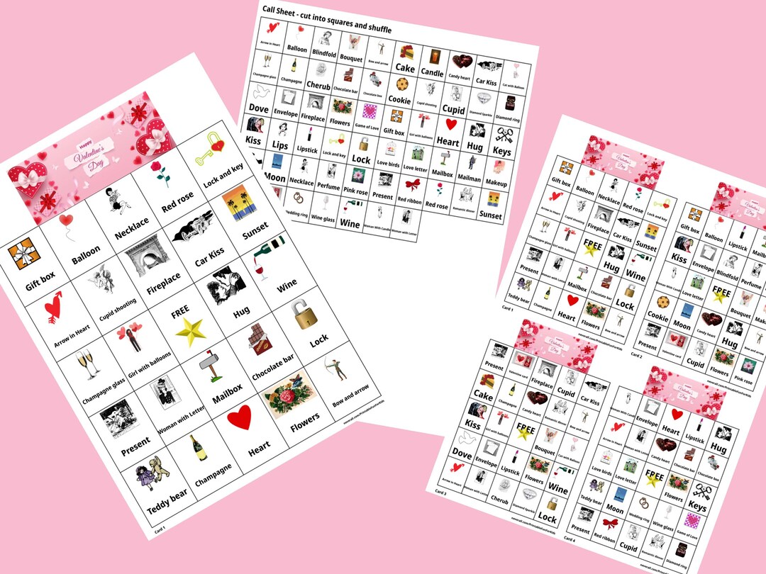 Valentine's Day Bingo - A4 & US Letter Format - 1 or 4 Cards per Sheet ...