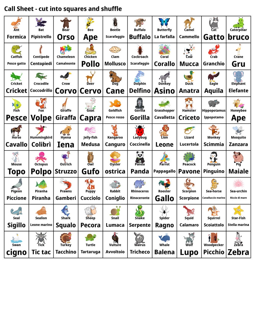 1000 Italian Animal Bingo Language Learning Cards Italiano - A4 & US ...