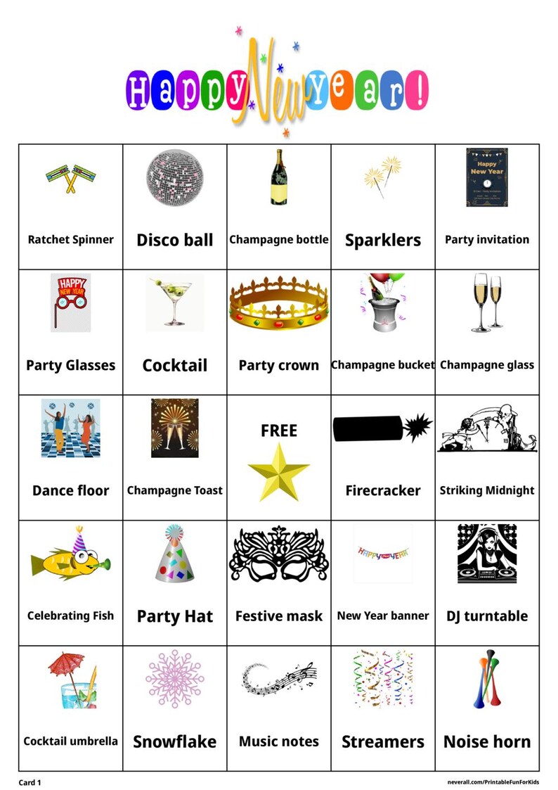 New Years Bingo Cards - A4 & US Letter Format - 1 or 4 Cards per Sheet ...