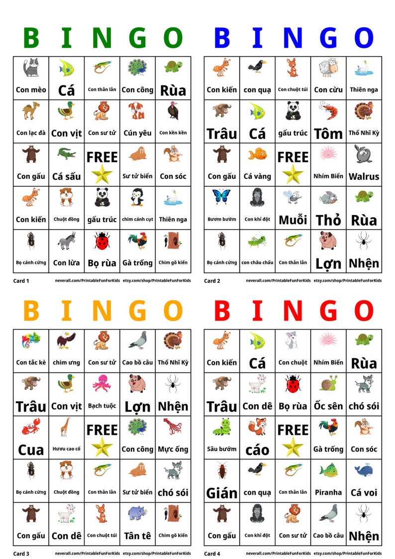 1000 Vietnamese Animal Bingo Language Learning Cards Tiếng Việt - A4 ...