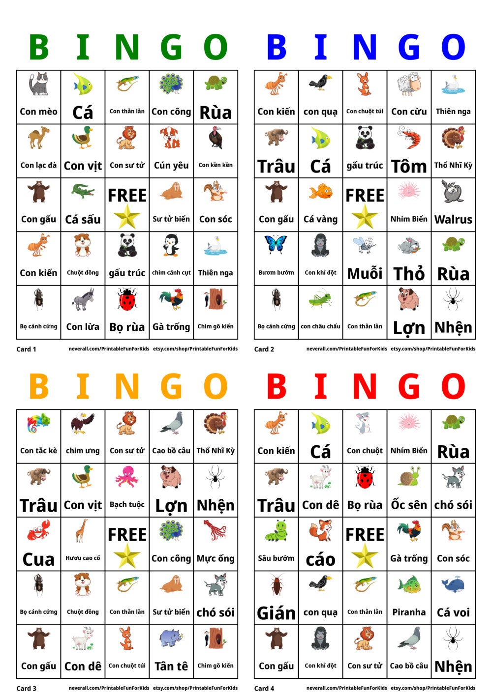 1000 Vietnamese Animal Bingo Language Learning Cards Tiếng Việt - A4 ...