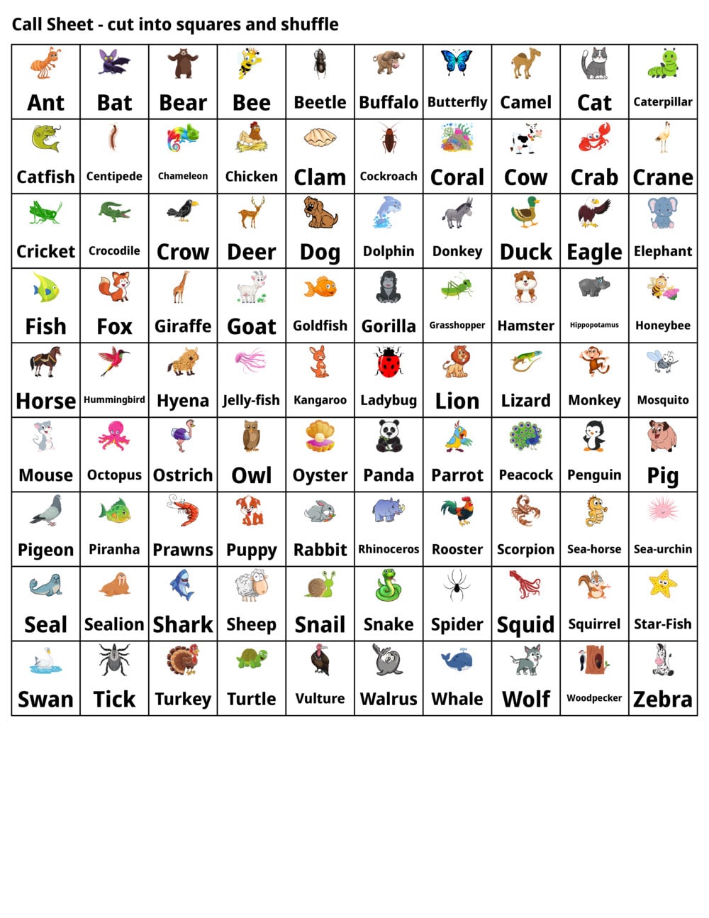 1000 English Animal Bingo Language Learning Cards ESL - A4 & US Letter ...