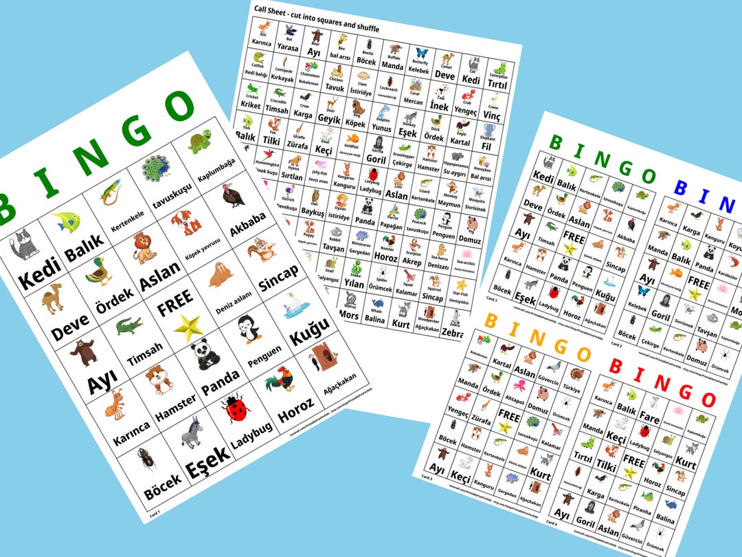 1000 Turkish Animal Bingo Language Learning Cards Türk - A4 & US Letter ...