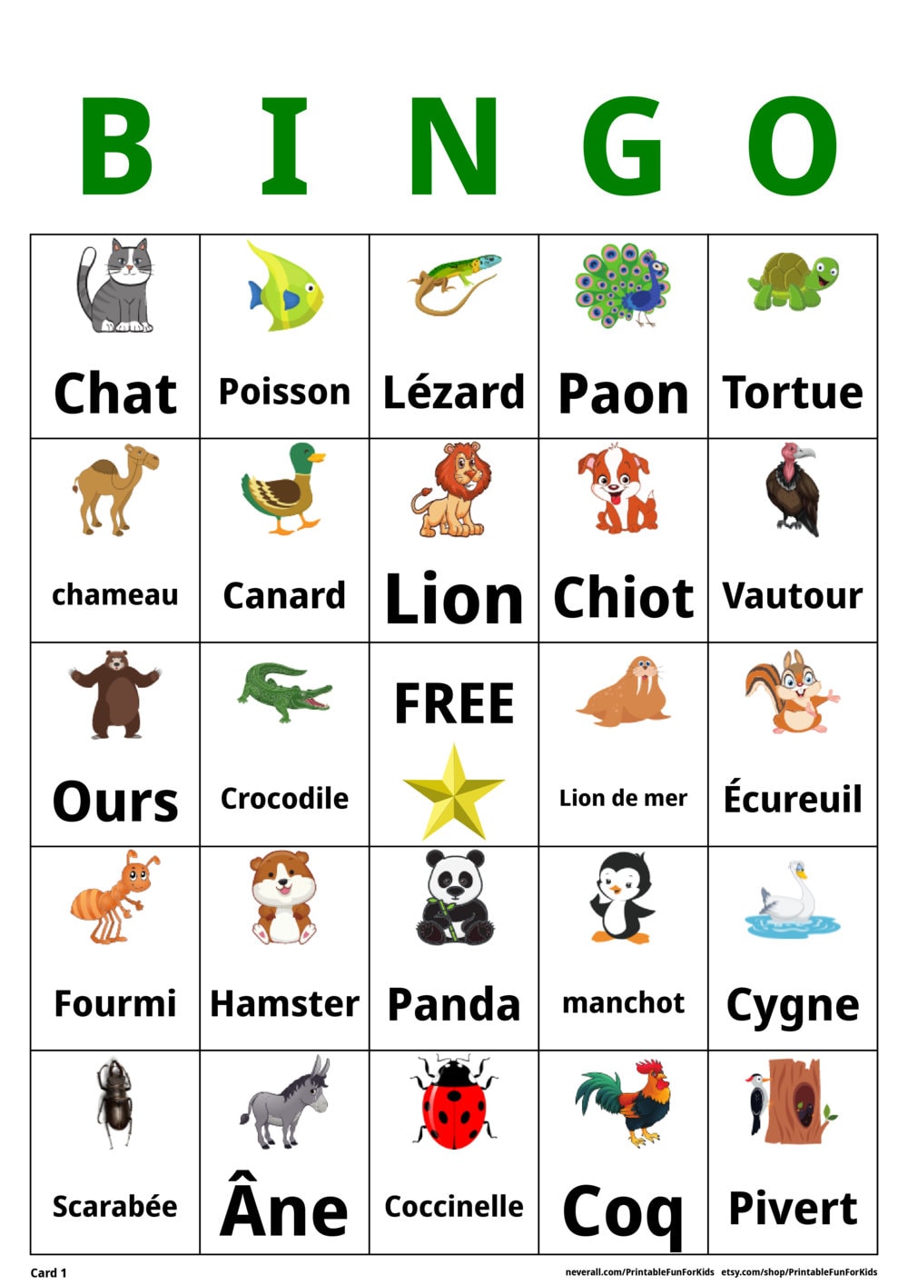 1000 French Animal Bingo Language Learning Cards Français - A4 & US ...