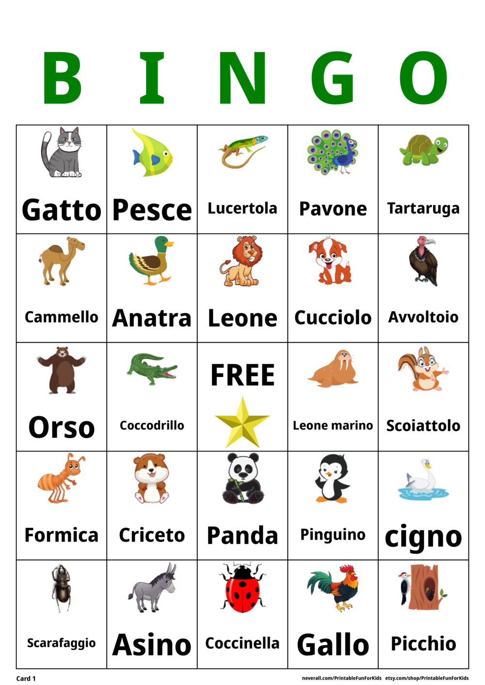 1000 Italian Animal Bingo Language Learning Cards Italiano A4 & US ...
