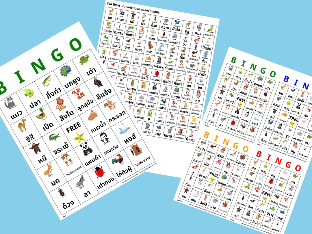 1000 Thai Animal Bingo Language Learning Cards ไทย - A4 & US Letter ...