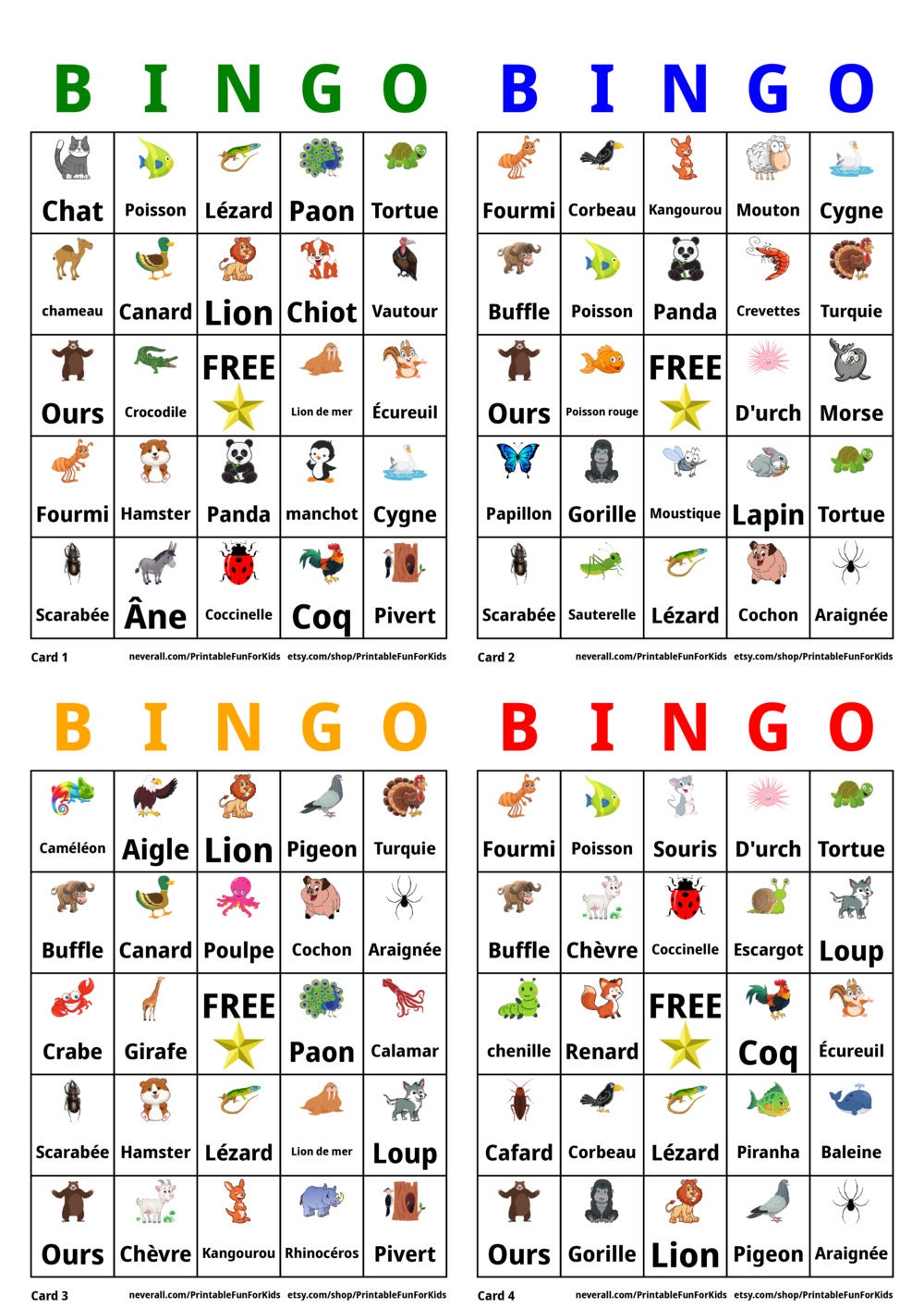 1000 French Animal Bingo Language Learning Cards Français - A4 & US ...