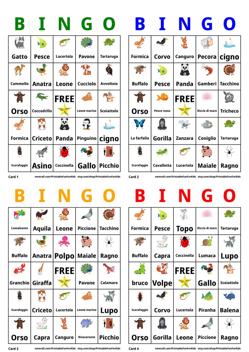 1000 Italian Animal Bingo Language Learning Cards Italiano - A4 & US ...