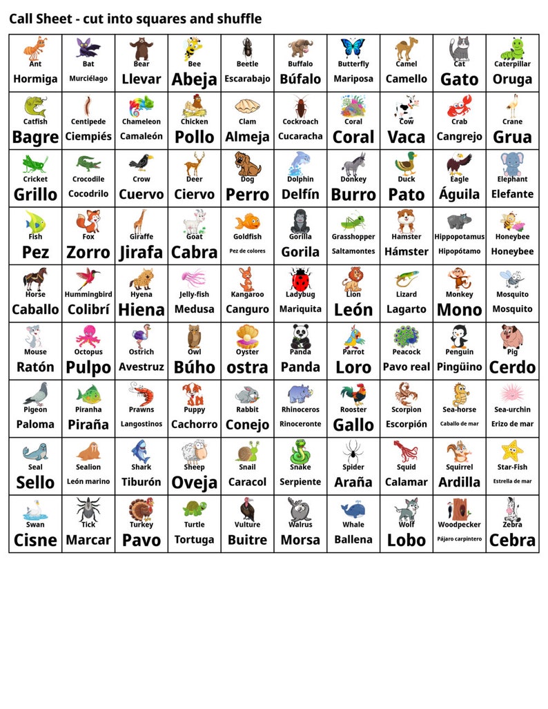 1000 Spanish Animal Bingo Language Learning Cards Español - A4 & US ...