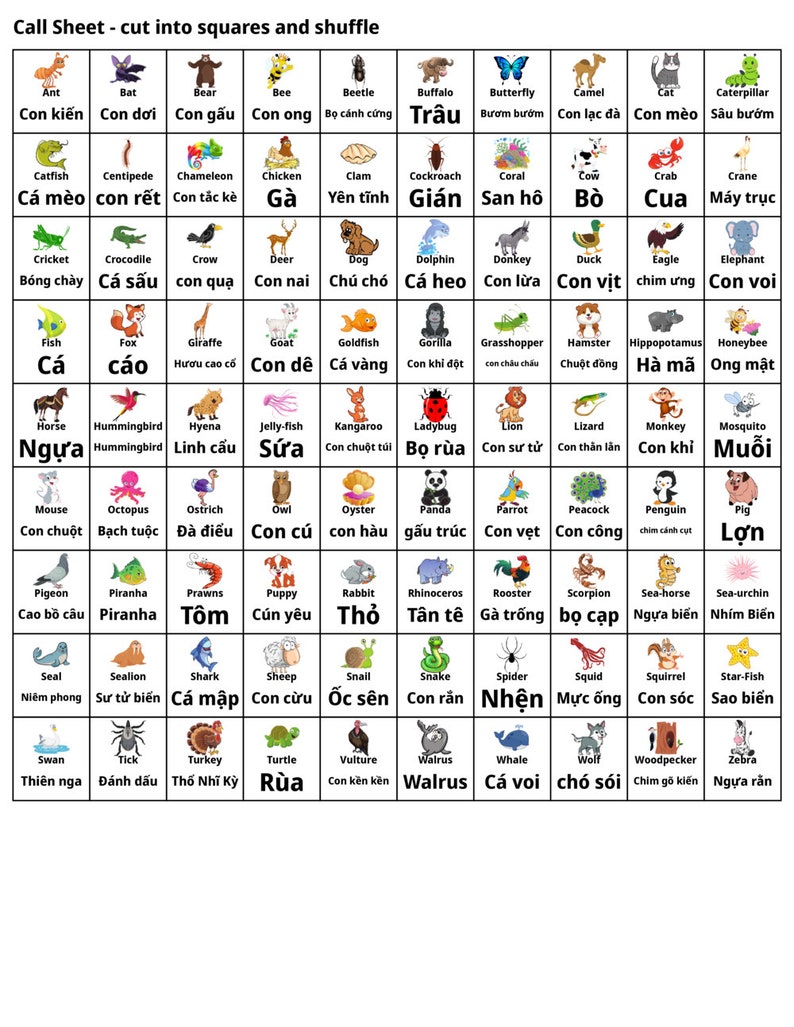 1000 Vietnamese Animal Bingo Language Learning Cards Tiếng Việt - A4 ...