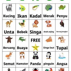 1000 Indonesian Animal Bingo Language Learning Cards Bahasa Indonesia ...
