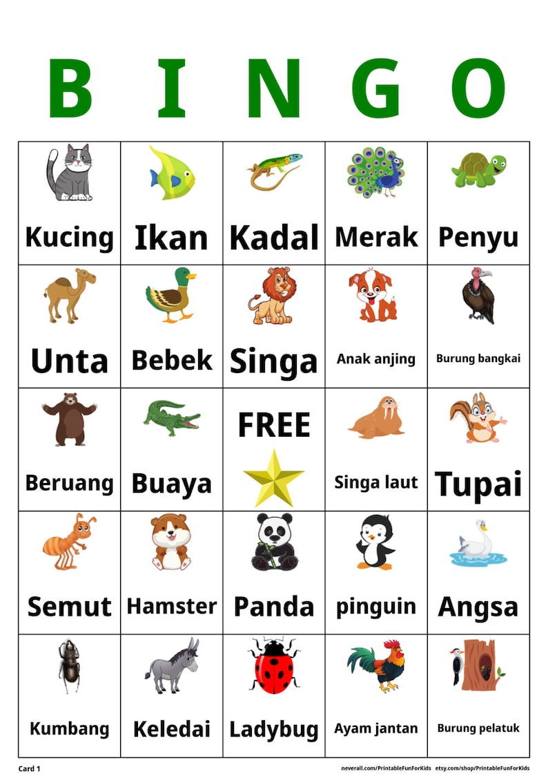 1000 Indonesian Animal Bingo Language Learning Cards Bahasa Indonesia ...