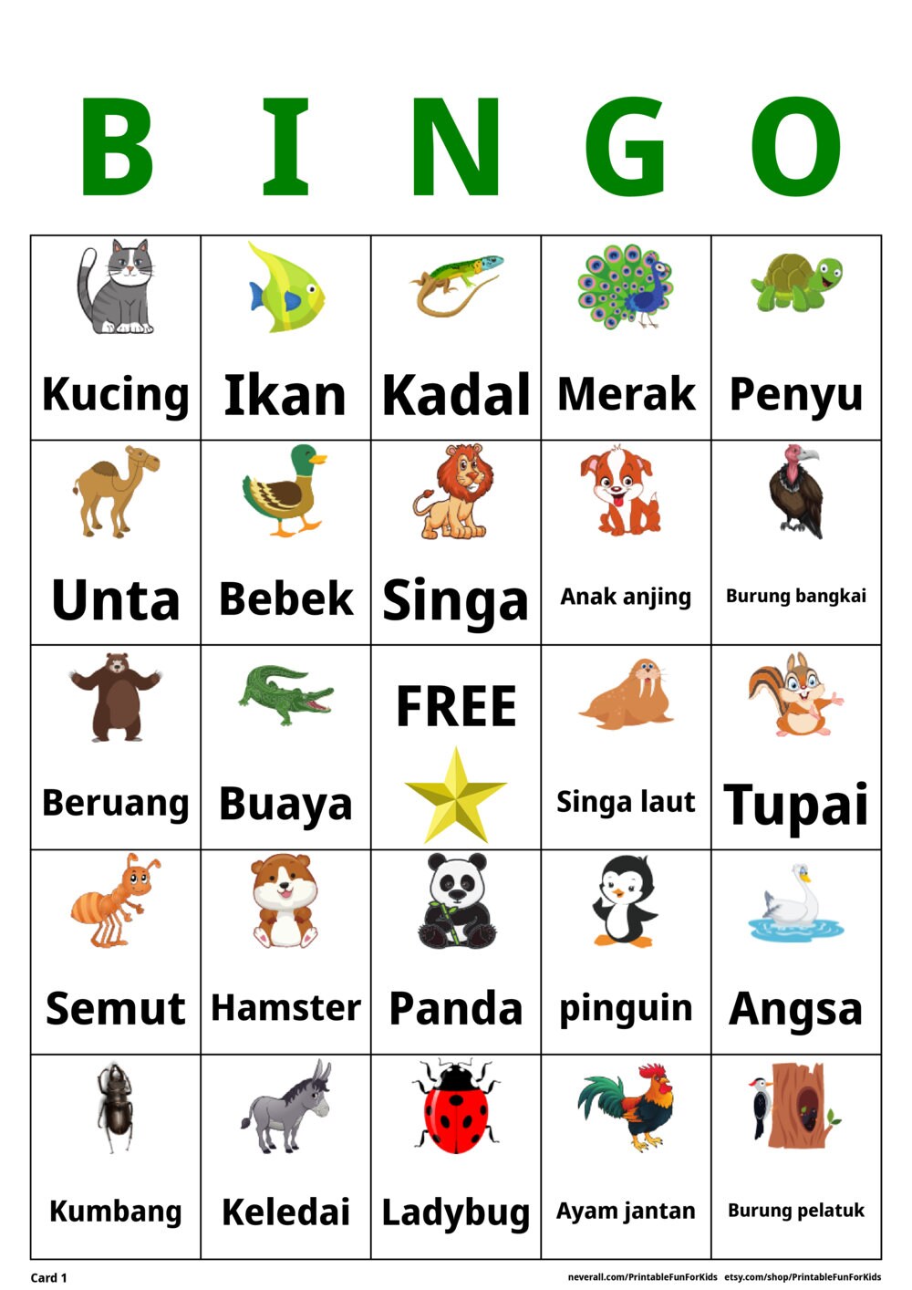1000 Indonesian Animal Bingo Language Learning Cards Bahasa Indonesia ...
