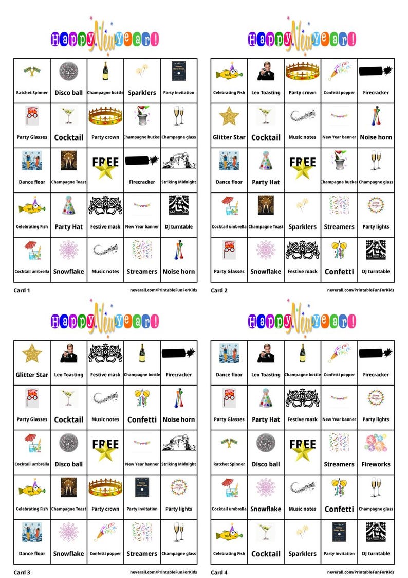 New Years Bingo Cards - A4 & US Letter Format - 1 or 4 Cards per Sheet ...