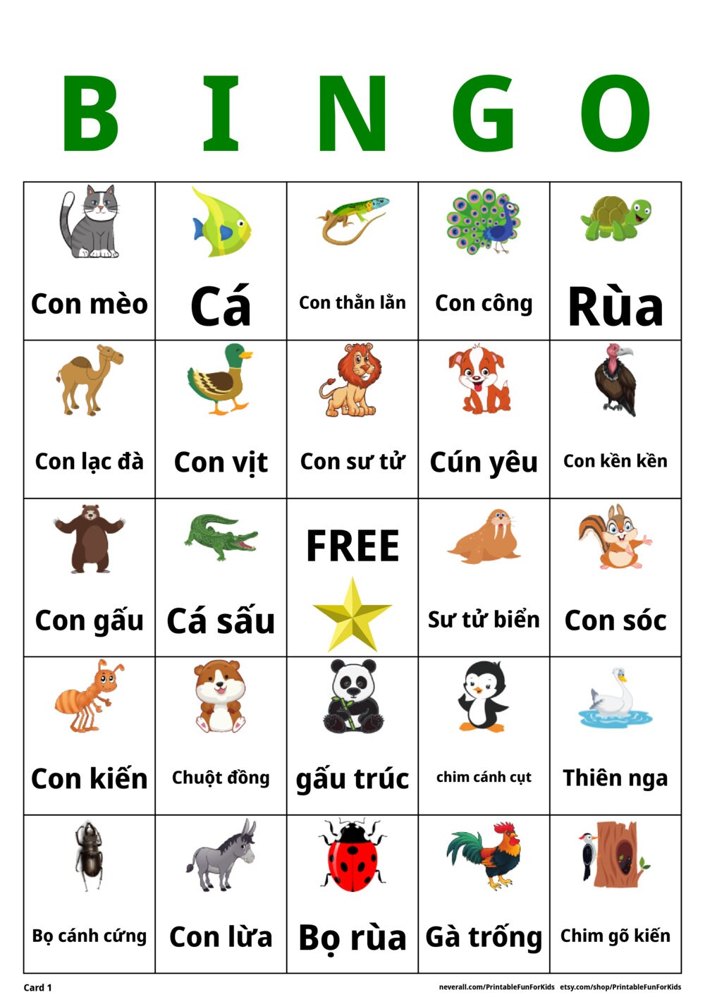 1000 Vietnamese Animal Bingo Language Learning Cards Tiếng Việt - A4 ...