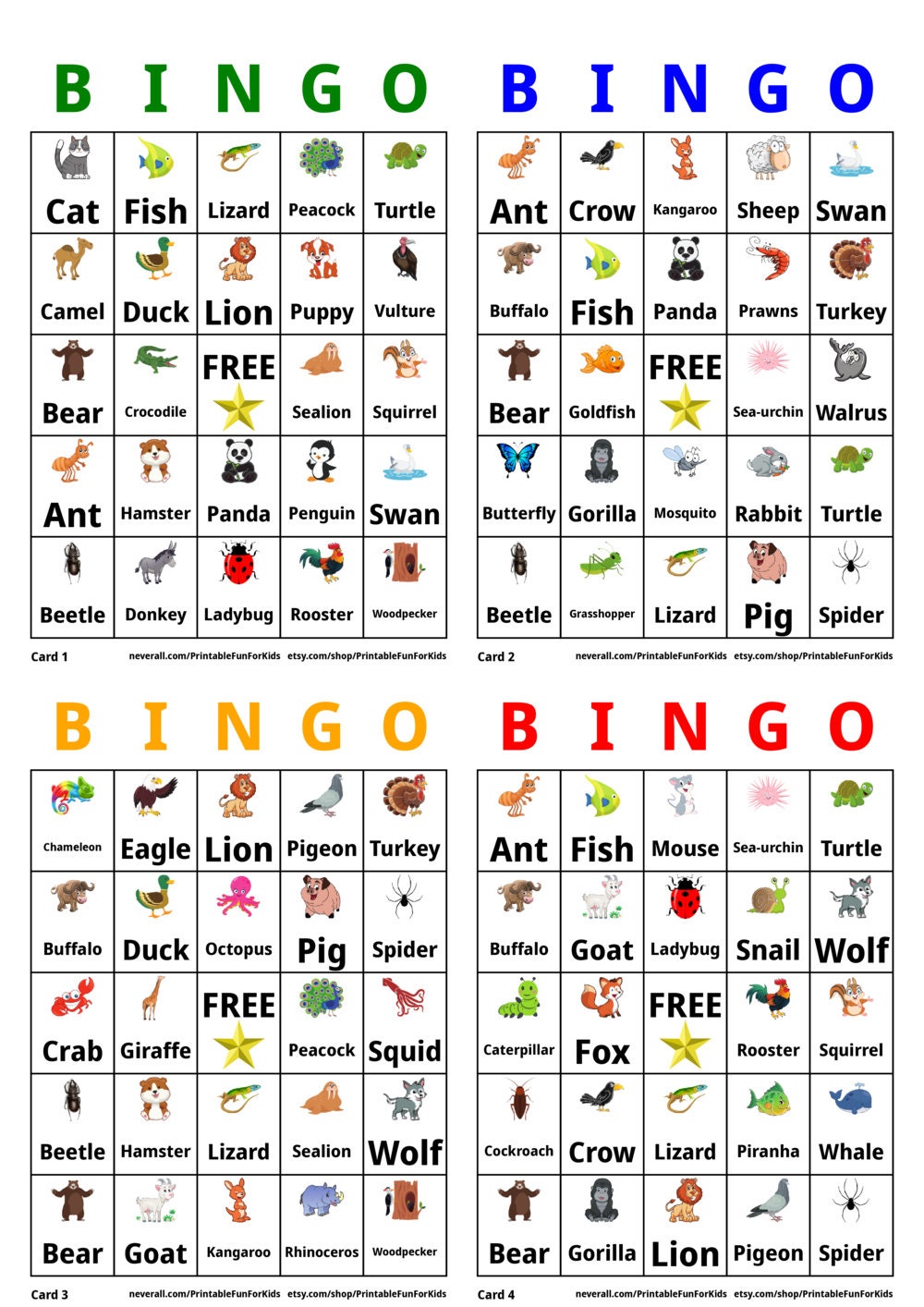 1000 English Animal Bingo Language Learning Cards ESL - A4 & US Letter ...