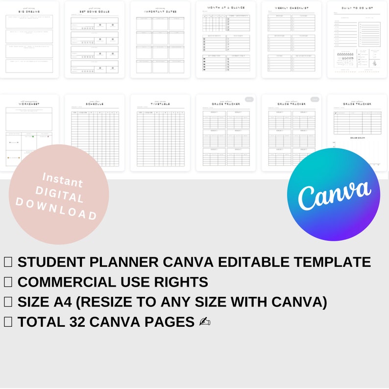 Editable University Planner Templates for Canva, College Student Study ...