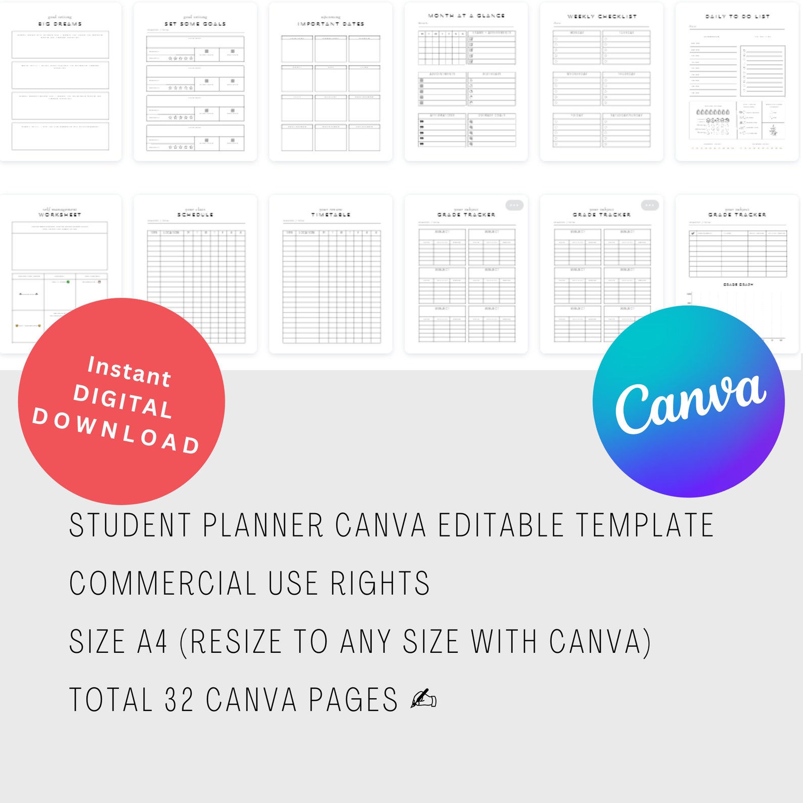 Student Planner Printable Digital, Editable Canva Academic Planner ...