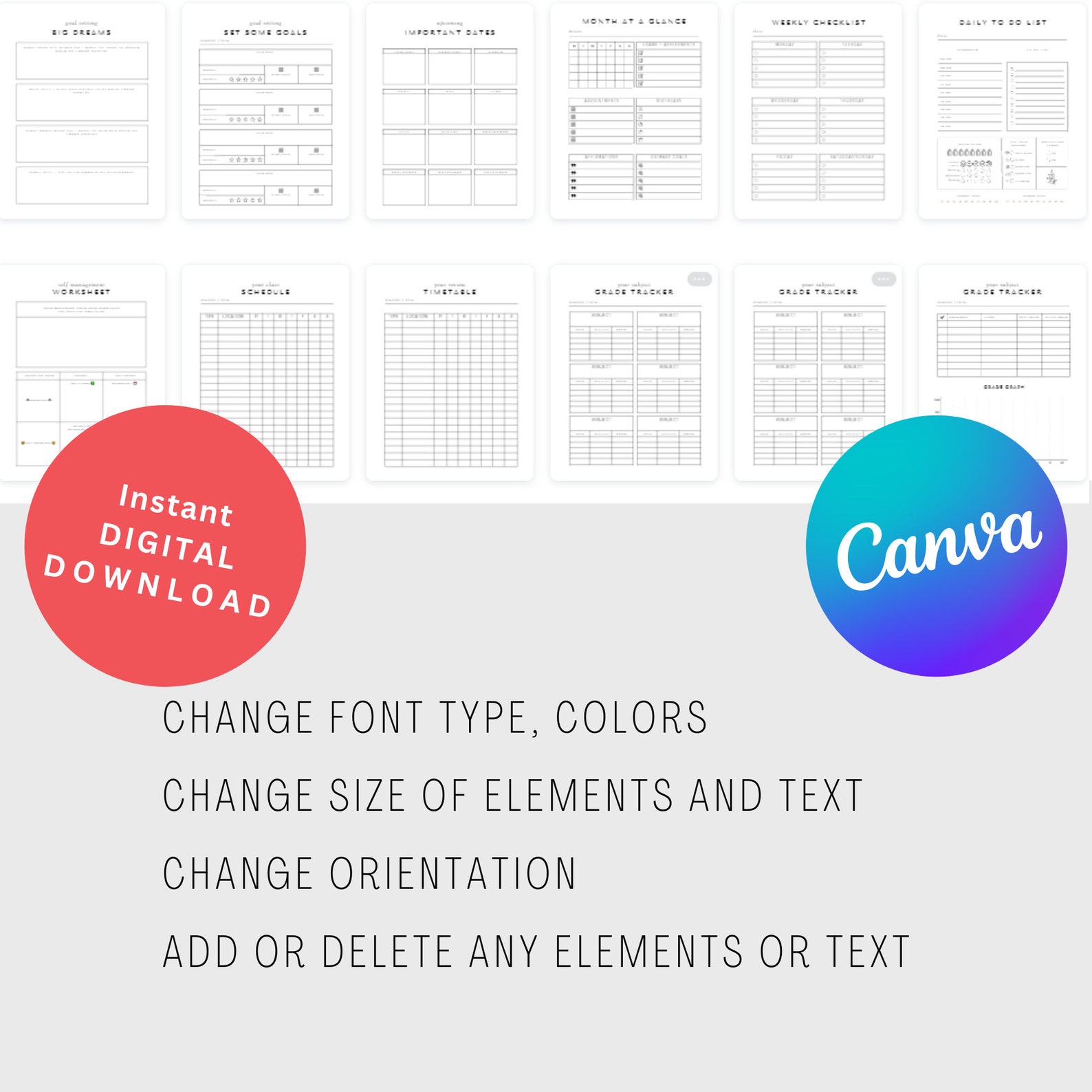 Student Planner Printable Digital, Editable Canva Academic Planner ...