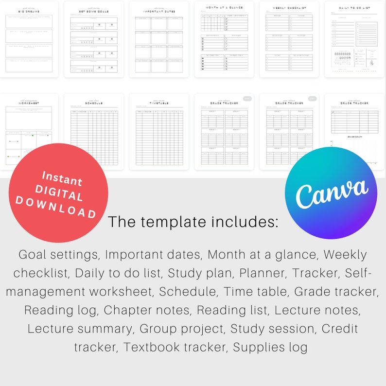 Student Planner Printable Digital, Editable Canva Academic Planner ...