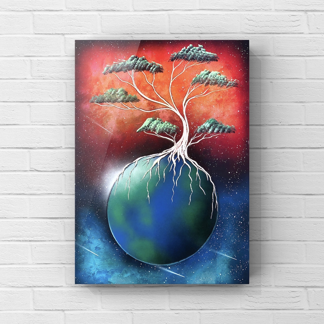 Tree of Life Wall Art, Blue Mother Earth, Tree Root, Spray Painted Wall ...