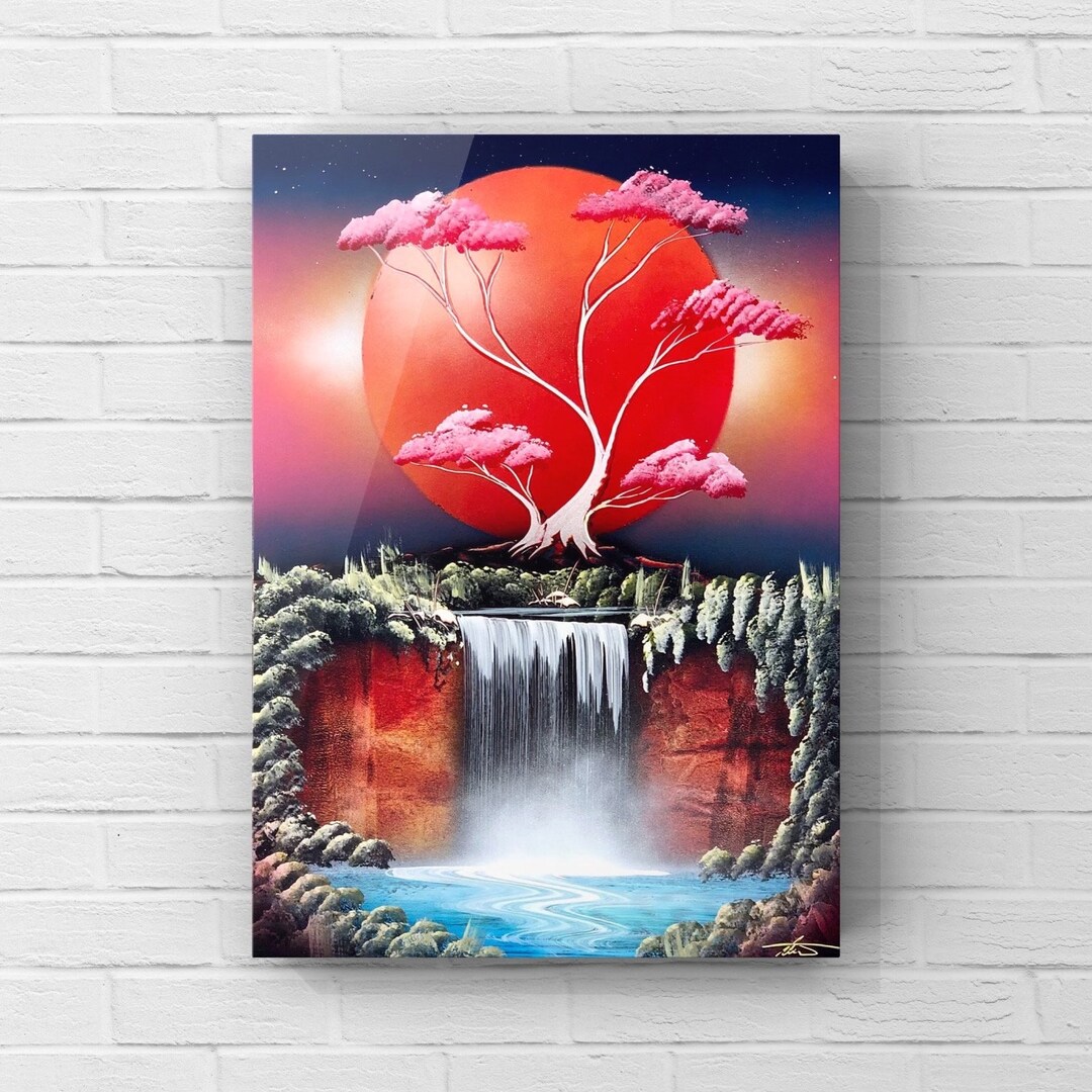 Tree of Life Wall Art, Cherry Blossom Art, Red Moon, Water Fall ...