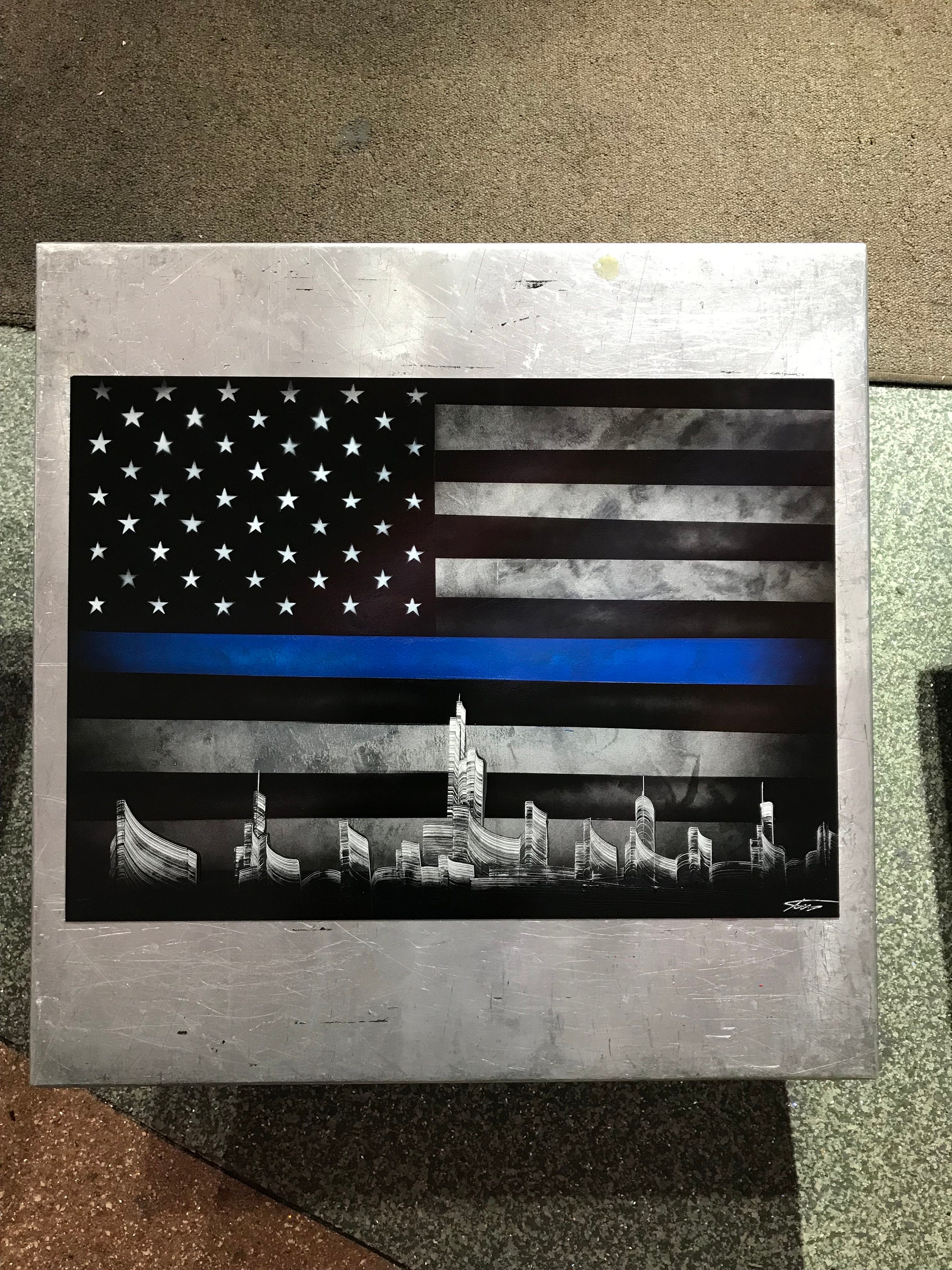 Thin Blue Line Flag Spray Paint Art, Police Artwork - Etsy