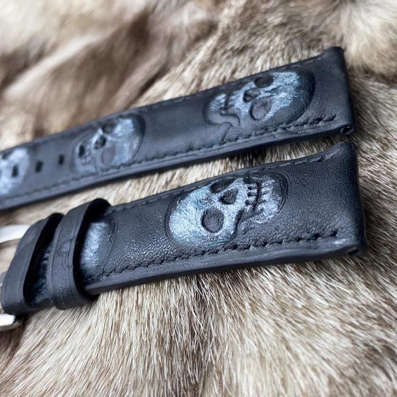 Custom Full-grain Leather Skull Watch Strap, Handmade Gothic Style Band ...