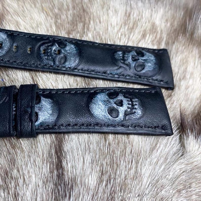 Custom Full-grain Leather Skull Watch Strap, Handmade Gothic Style Band ...