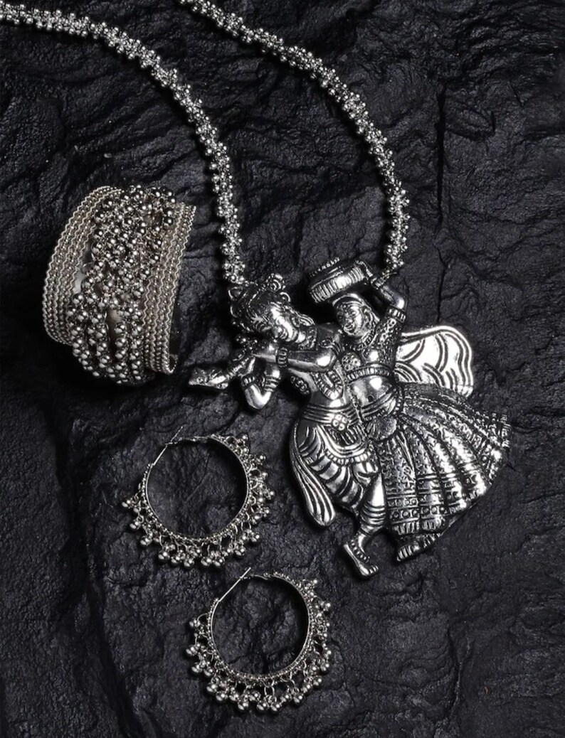 Women Oxidised Silver-plated Radha Krishna Temple Jewellery Set Indian ...