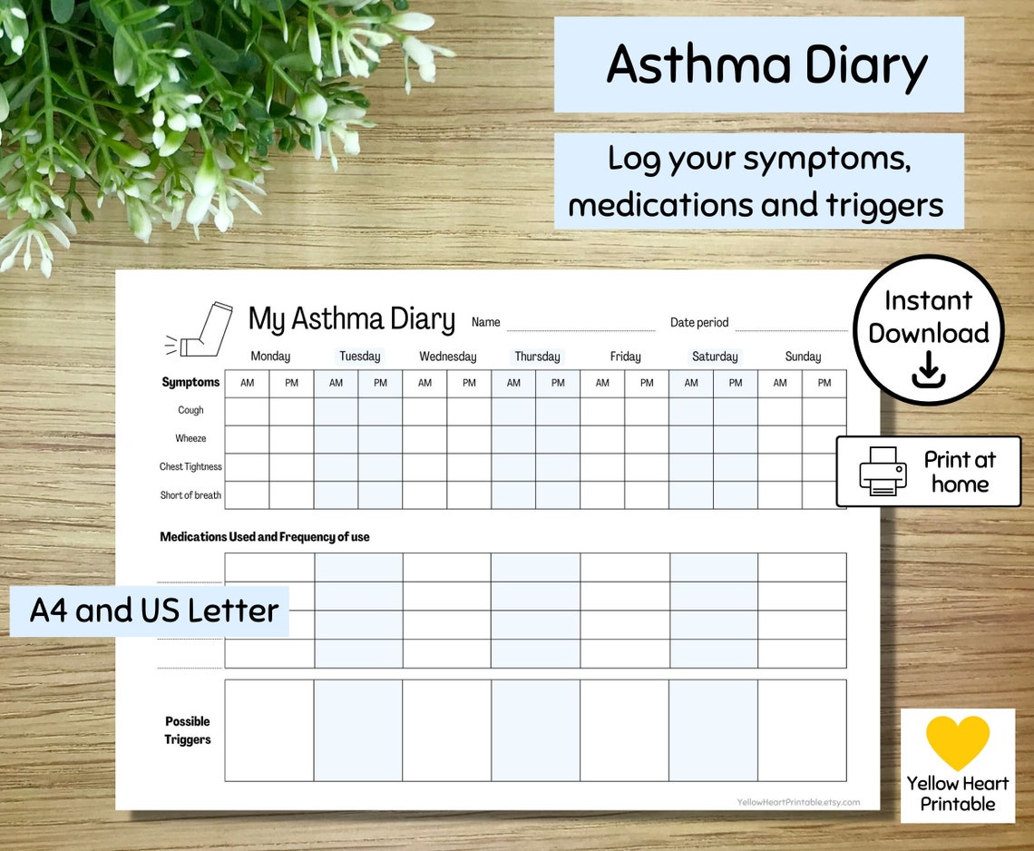 Printable Asthma Diary / Tracker, Download & Print at Home Handy Symptom Log Sheet. Print A4 and ...