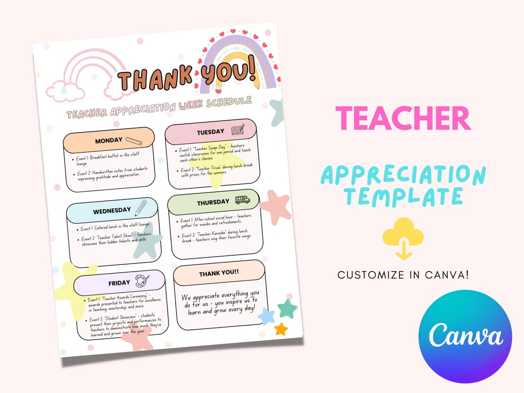 Teacher Appreciation Edit Canva Ready Week Plannertemplate for ...