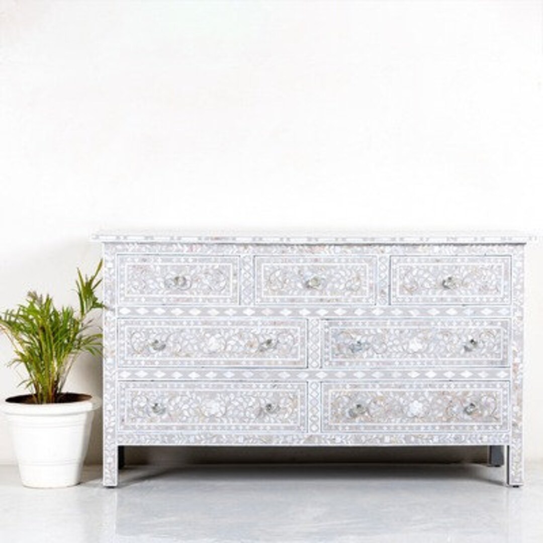 Bone Inlay Gray 7 Drawer Dresser Handmade Bone Inlay Sideboard Inlay ...