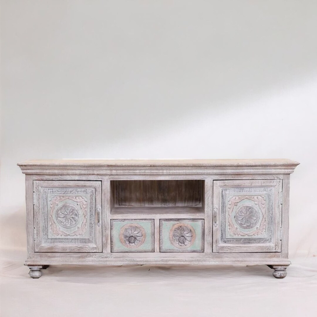 Hand Carved Whitewashed French Style TV Stand Media Storage - Etsy
