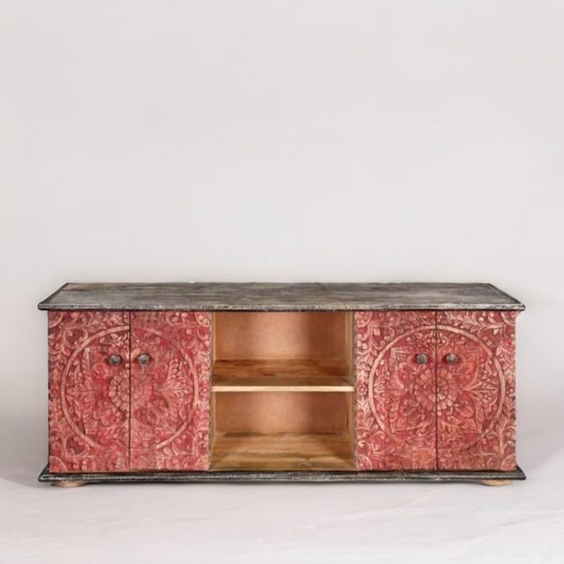 Hand Carved Indian Red TV Stand Media Storage Console Table - Etsy
