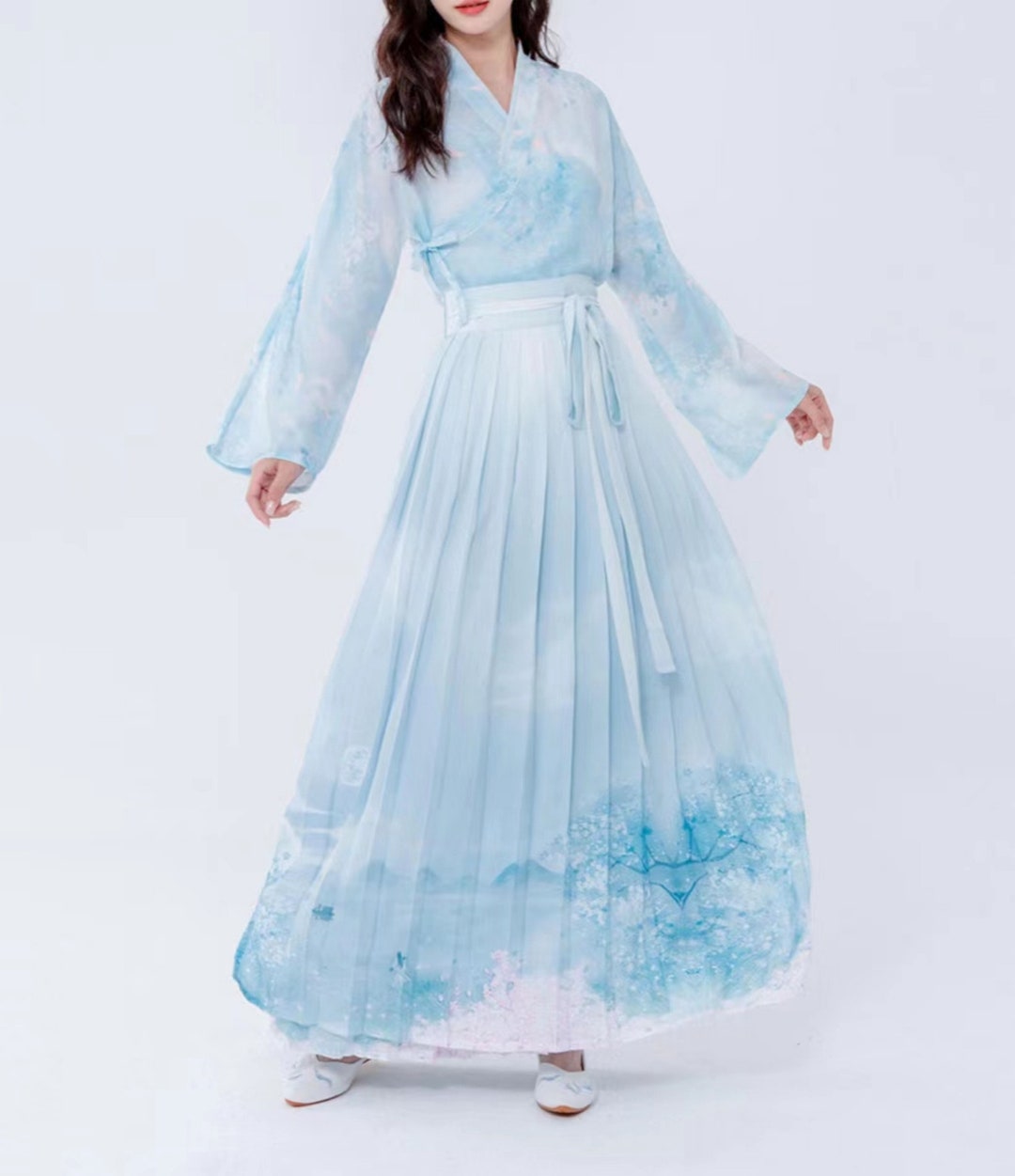 Blue Chiffon Printed Hanfu Suit Hanfu Top Hanfu Pleated - Etsy