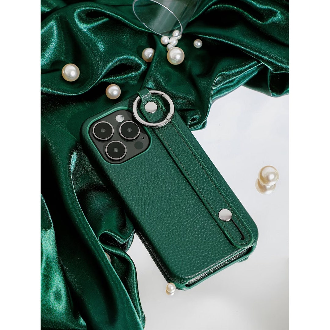 Personalized Dark Green Phone Case With Grip Ring, Vegan Leather Case ...