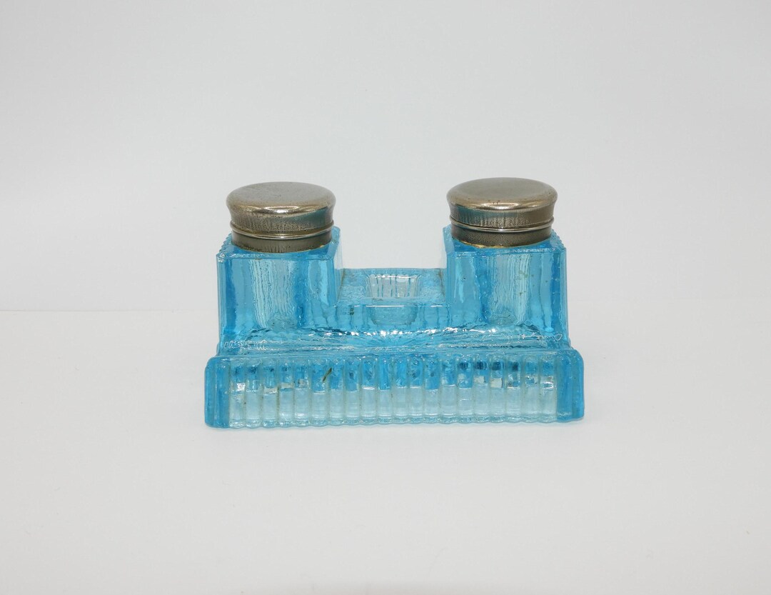 Rare Inkwell. Original Vintage 1950 Japanese Aqua Blue Glass Double ...