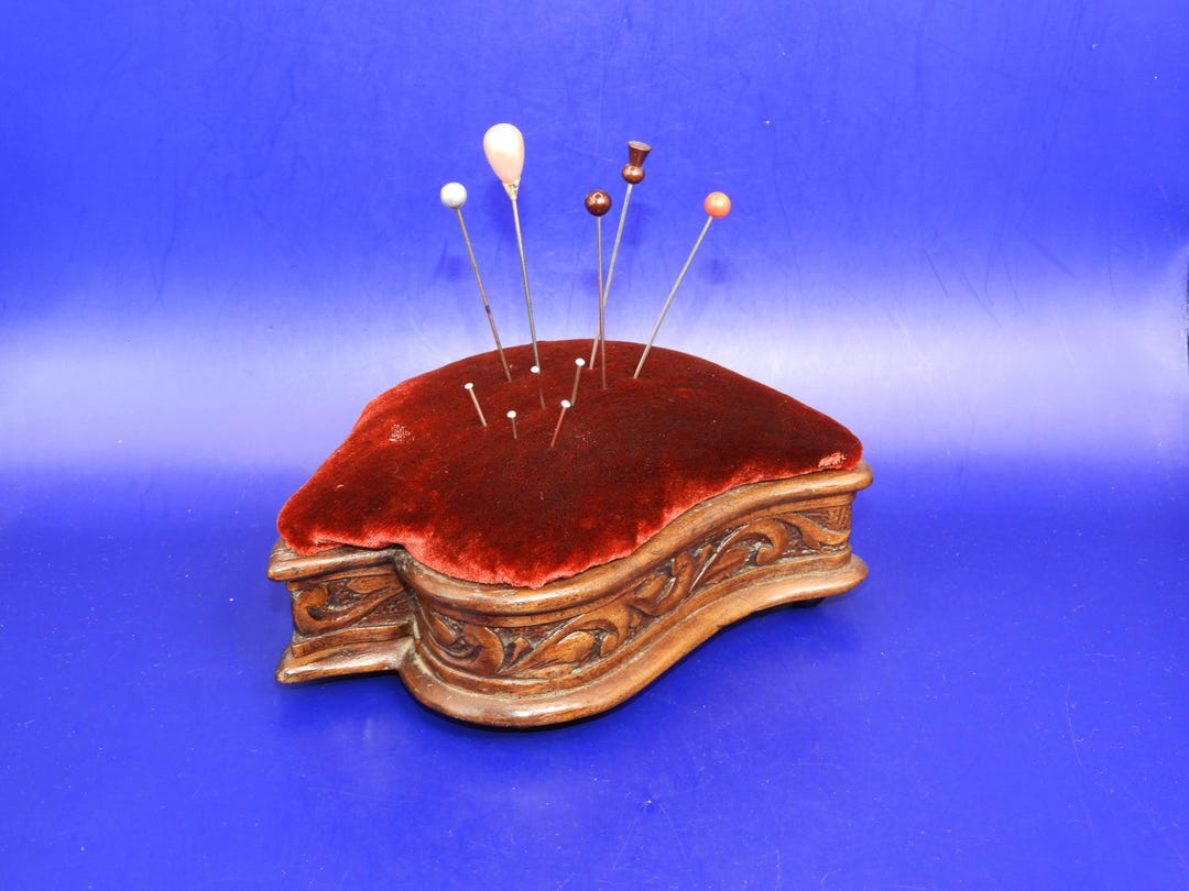 Beautiful Unusual Pincushions....vintage 1930 Oak Wood Carved Red ...