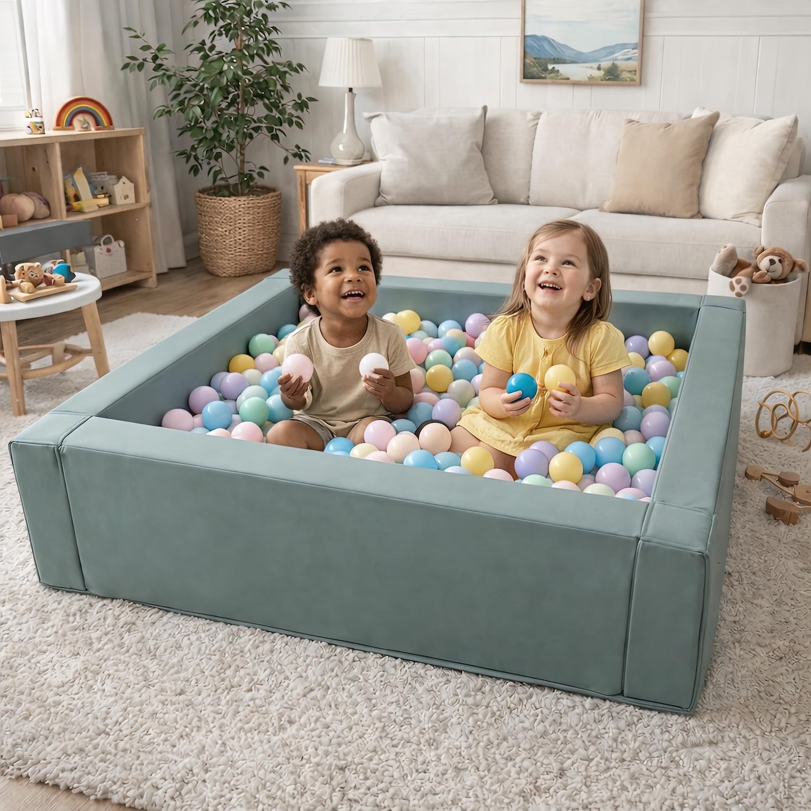 Square Foam Ball Pit | Eco Leather Soft Play Pool | Sage Green Toddler ...