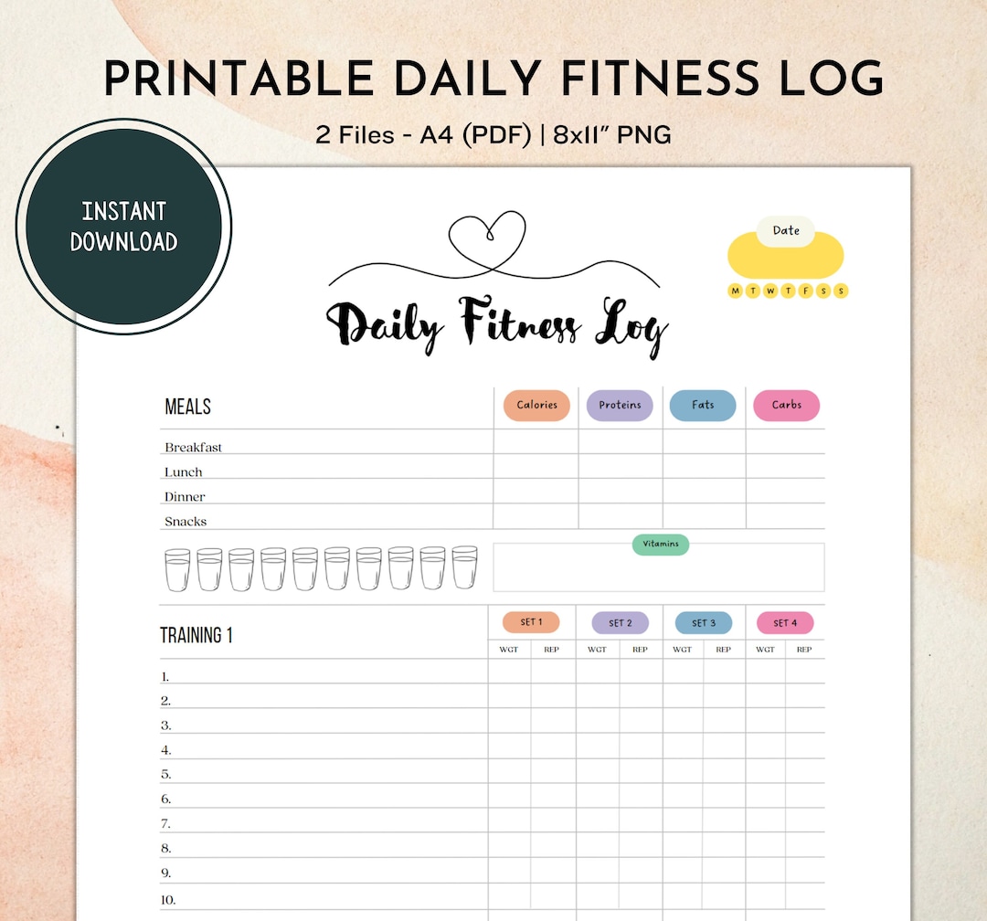 Daily Fitness Log Printable Digital Product Instant - Etsy