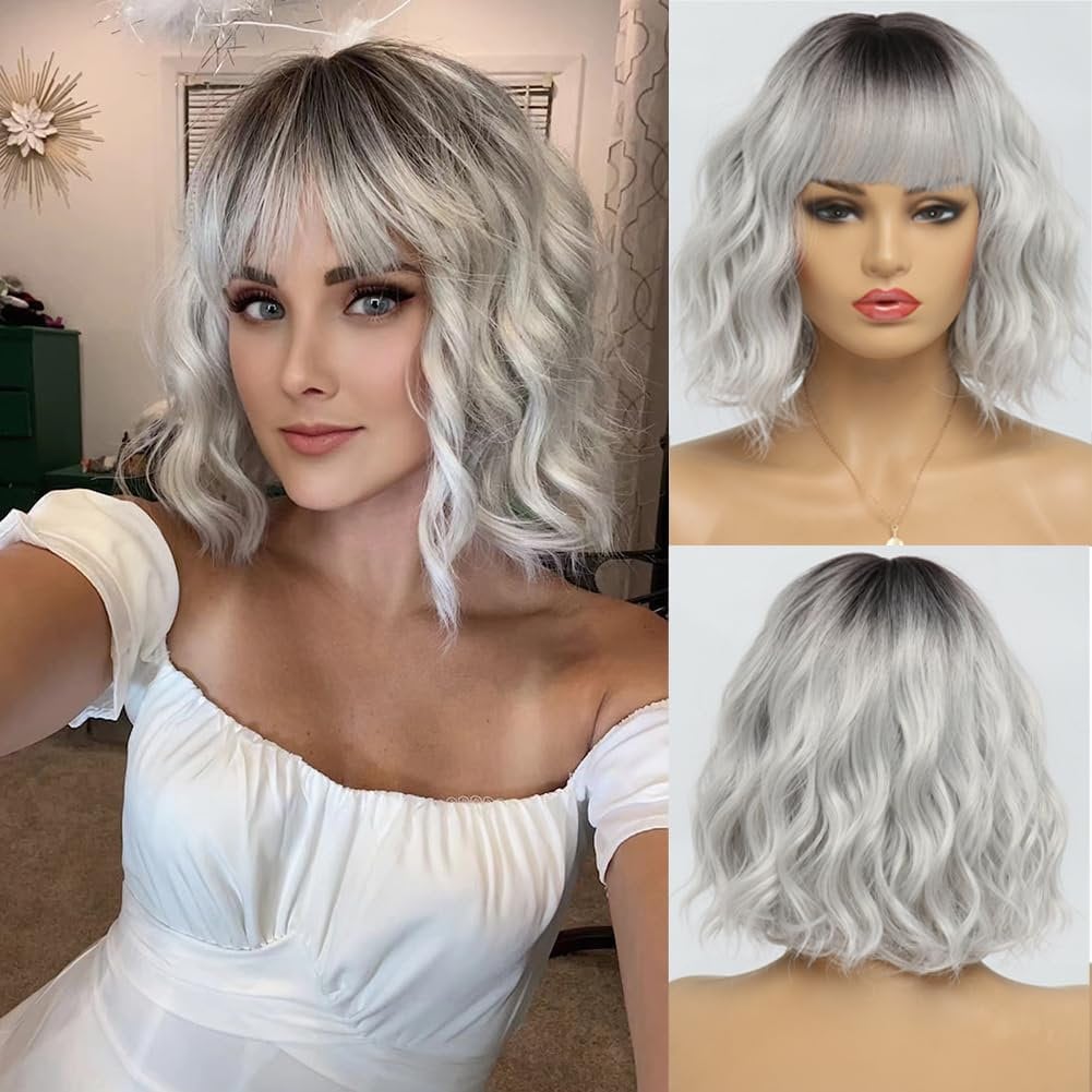 Bestung Short White Silver Wigs for Women Ombre Grey Wavy Bob Wig With ...