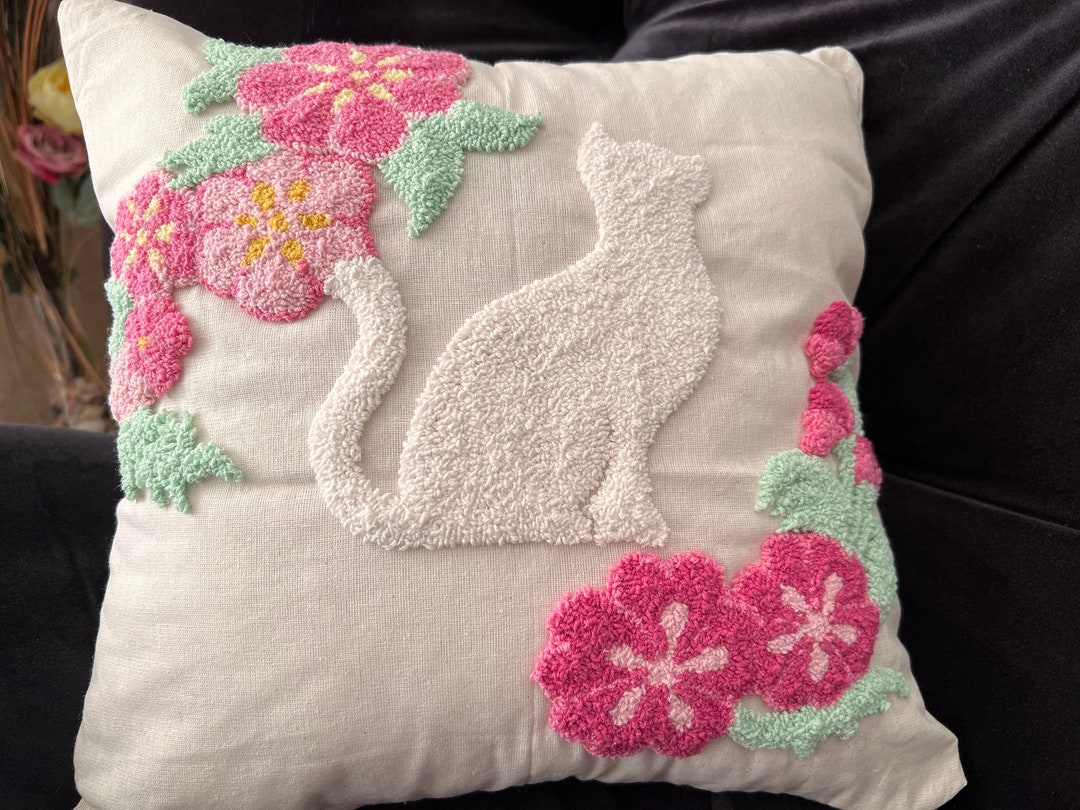Decorative Cats Punch Needle Pillow Covers 40x40, Cute Cat Throw Pillow Case, Designed Handmade ...