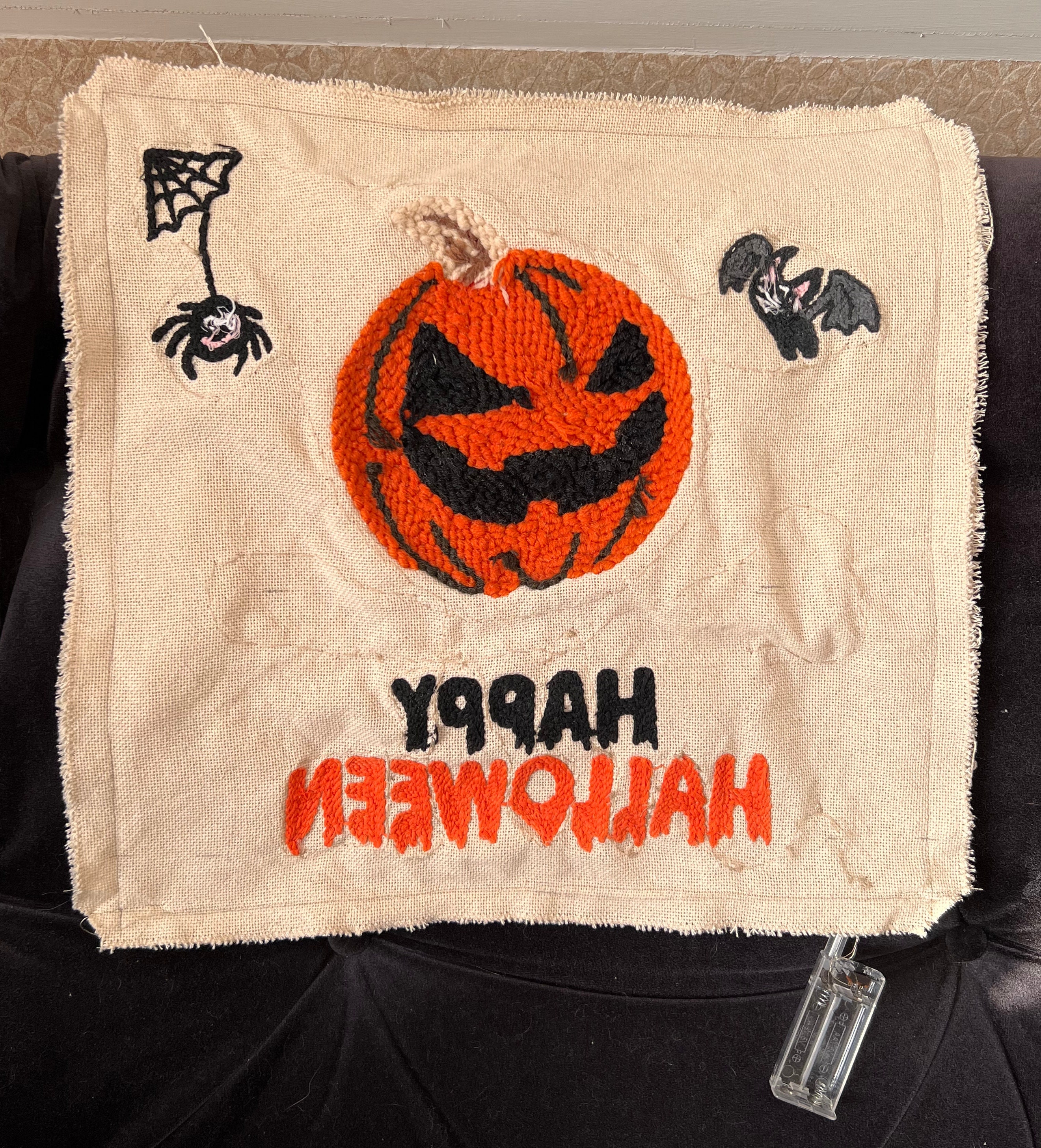 Led Lighted Halloween Pillow Cover: Hand-tufted Pumpkin & Bat Design ...