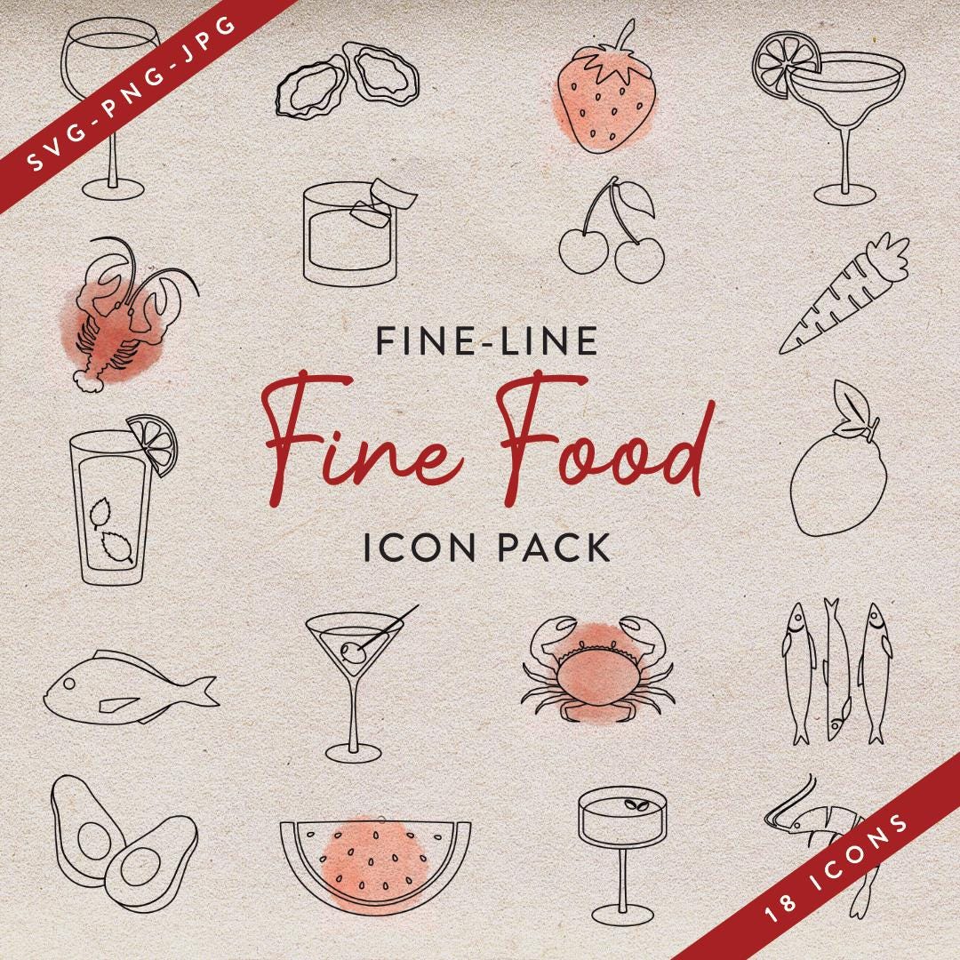 Food Doodle Fine-line Icon Bundle | Alcohol, Seafood, Fruit & Veg | 18 ...