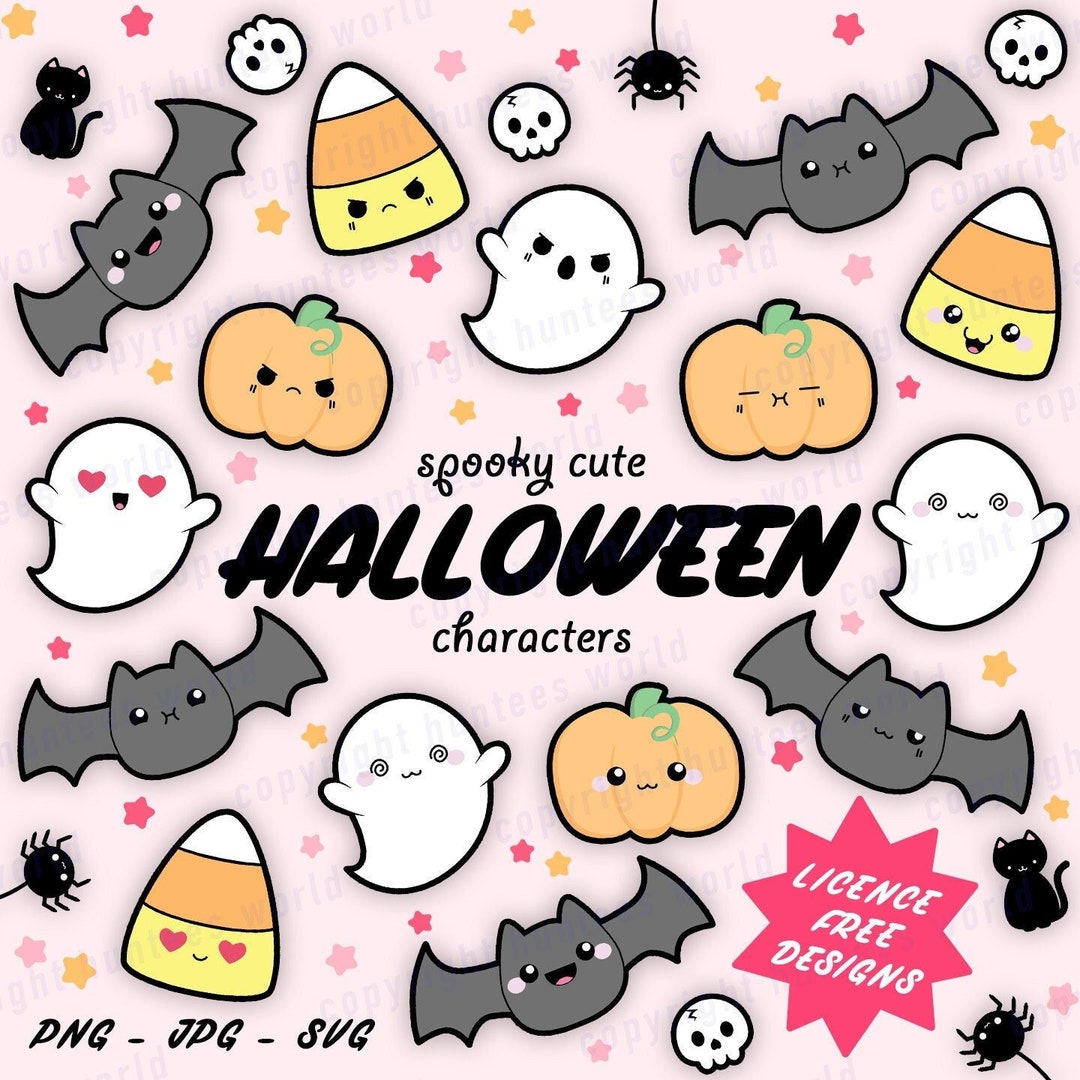 Cute Halloween Digital Clipart Outline Character | Ghost, Pumpkin, Bat ...