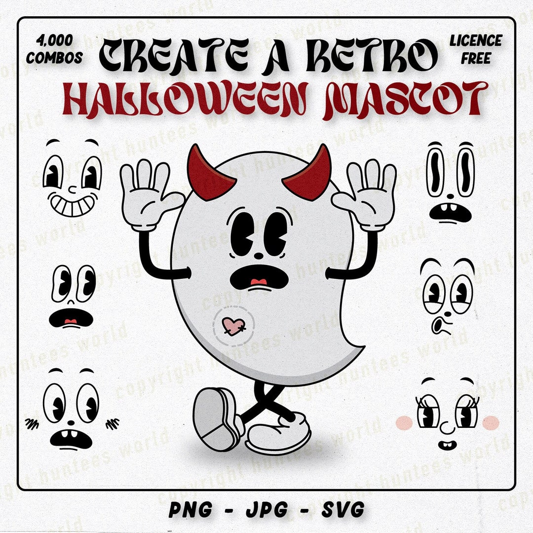 Retro Halloween Cartoon Mascot Outline Character Ghost, Pumpkin, Witch ...