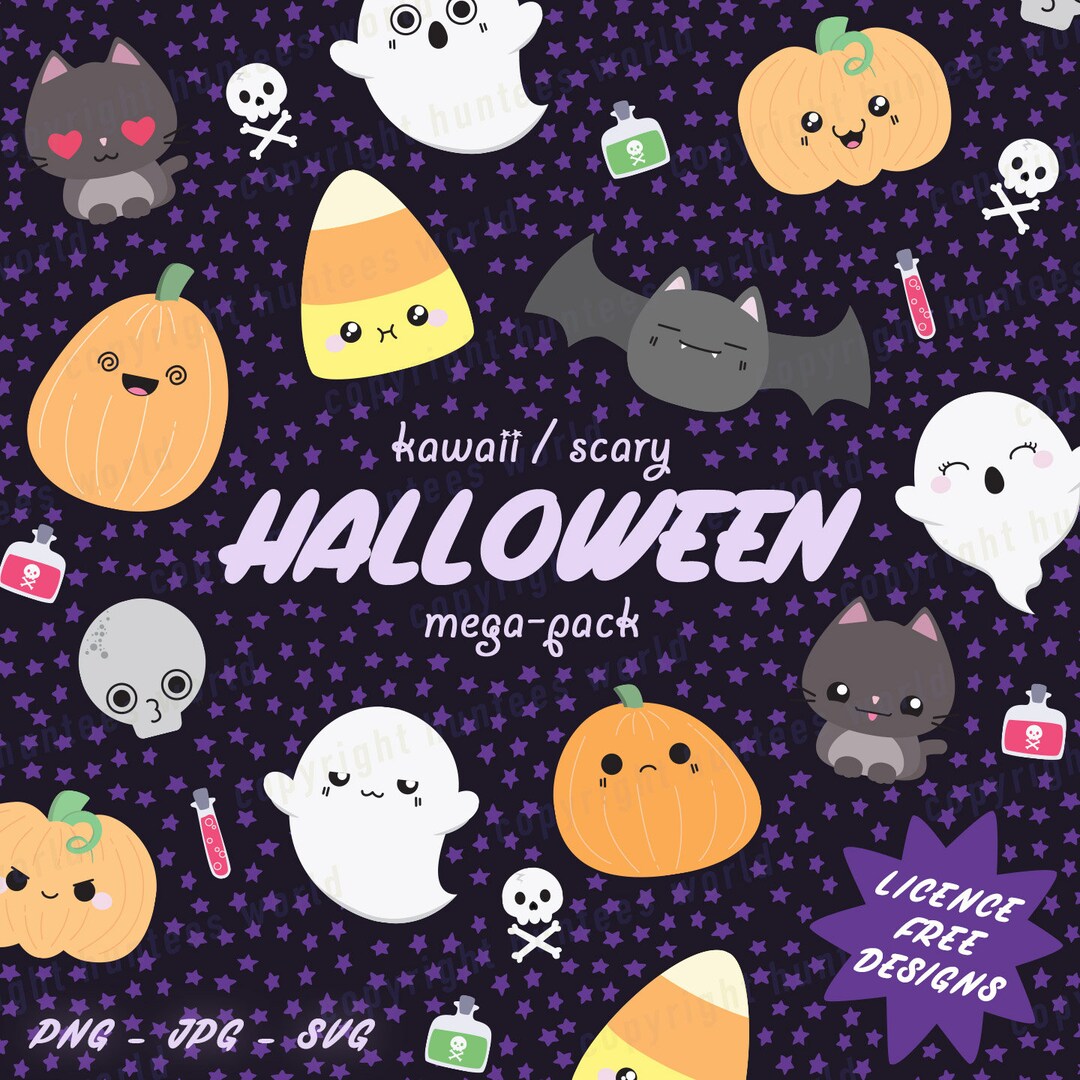 Cute Halloween Clipart Character Mega-pack Cat, Ghost, Pumpkin, Bat ...