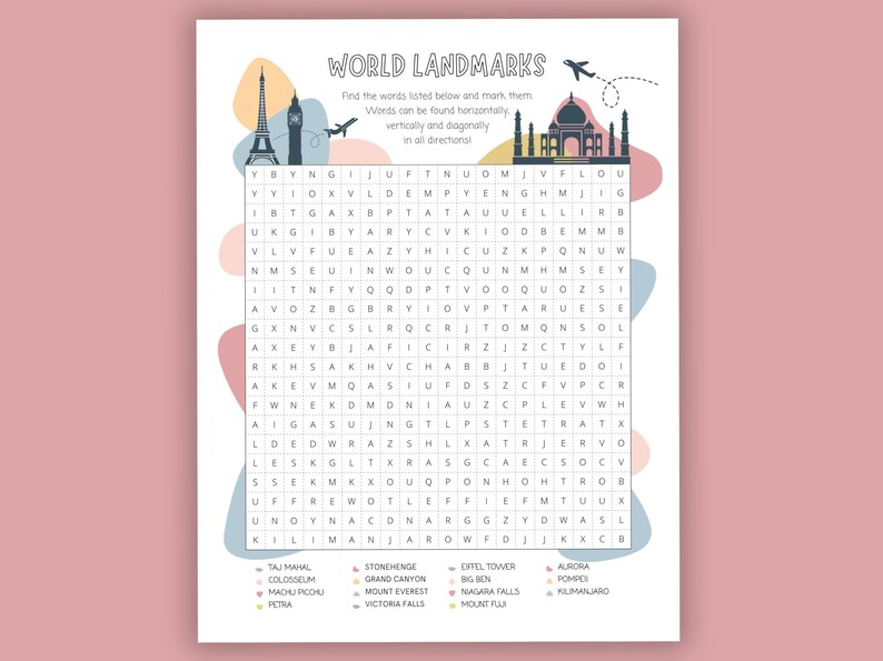 Printable Famous World Landmarks Word Search for Kids, Learning ...
