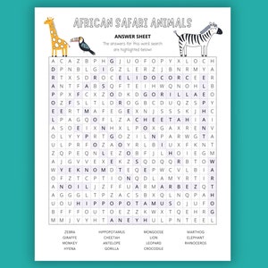 Printable Word Searches for Kids, African Safari Animals, Puzzles ...